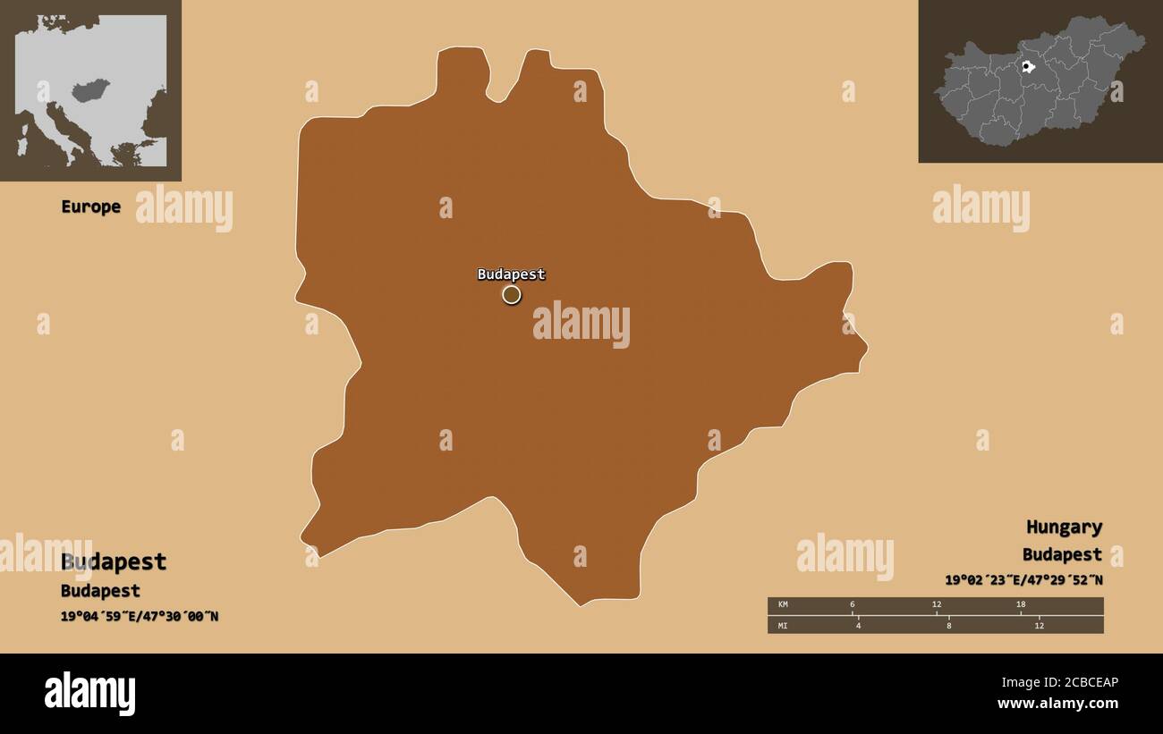 Shape of Budapest, capital city of Hungary, and its capital. Distance ...