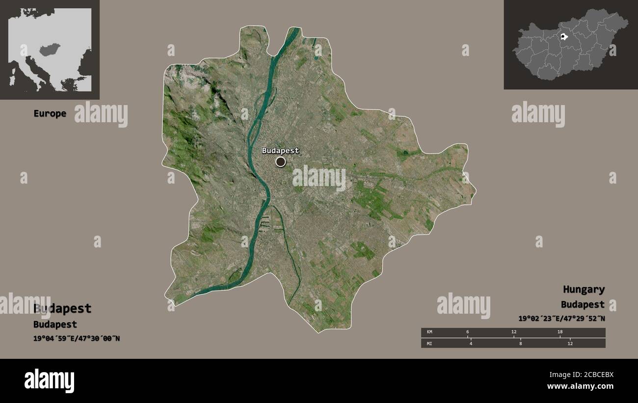 Shape of Budapest, capital city of Hungary, and its capital. Distance ...