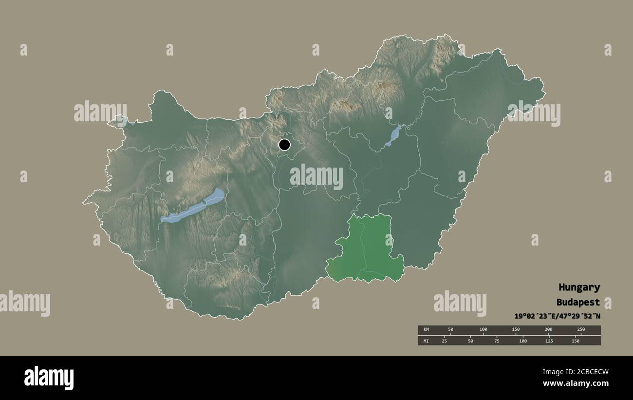 Desaturated shape of Hungary with its capital, main regional division ...