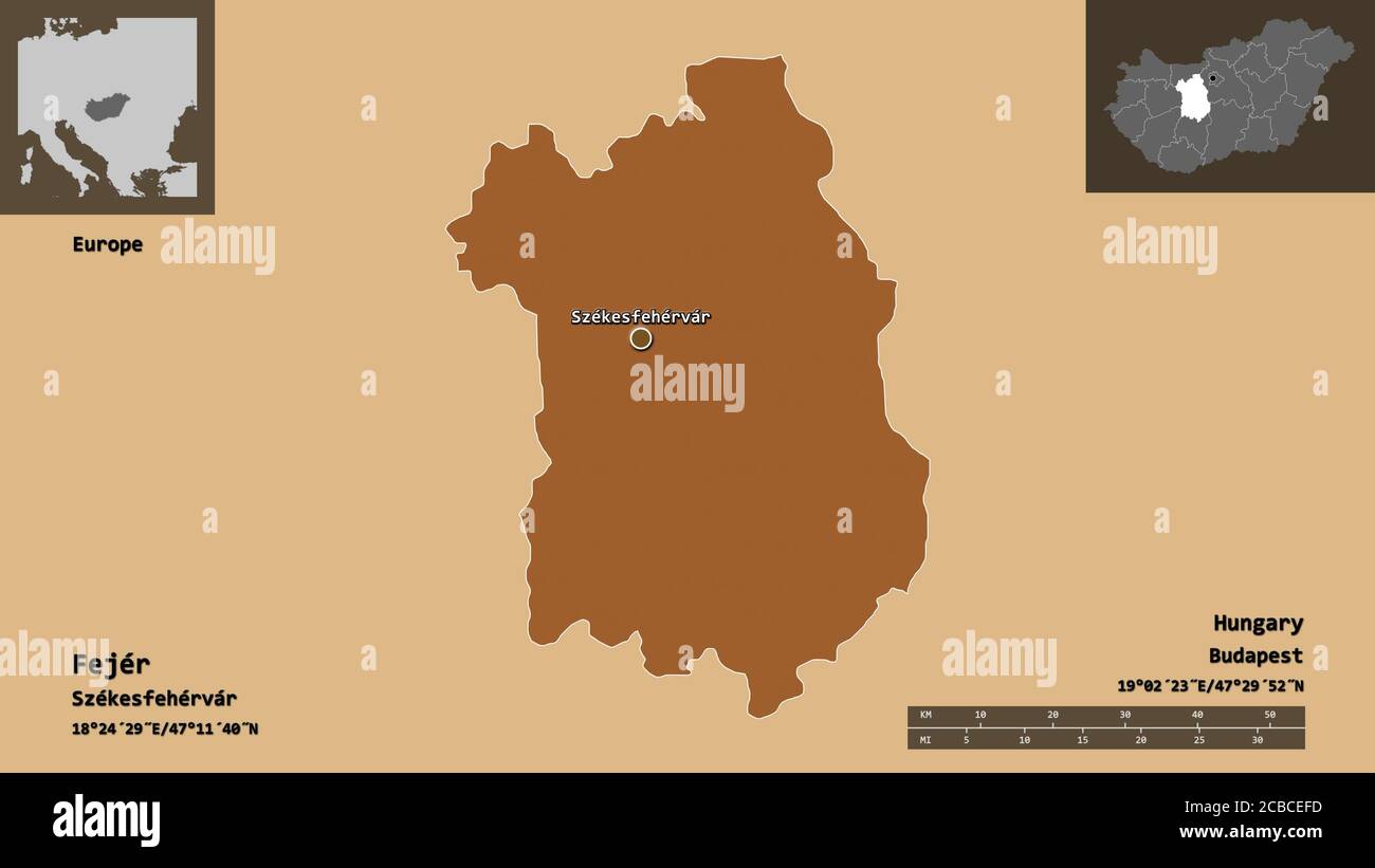 Shape of Fejér, county of Hungary, and its capital. Distance scale ...