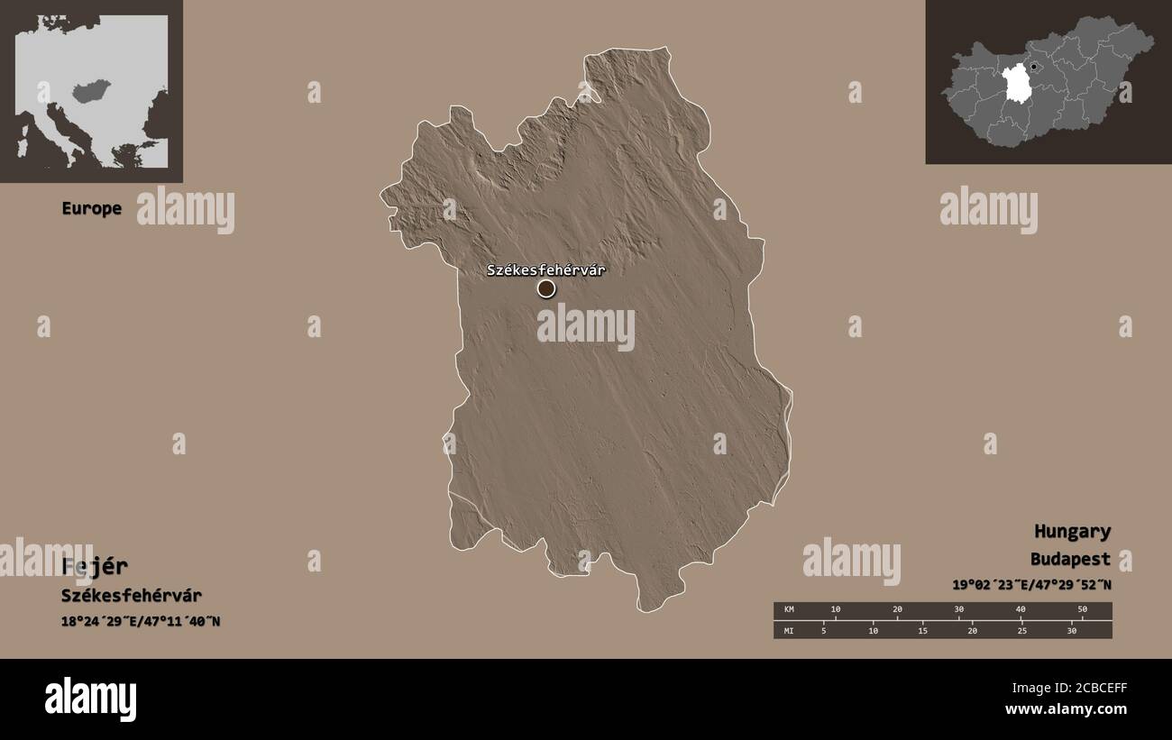Shape of Fejér, county of Hungary, and its capital. Distance scale ...