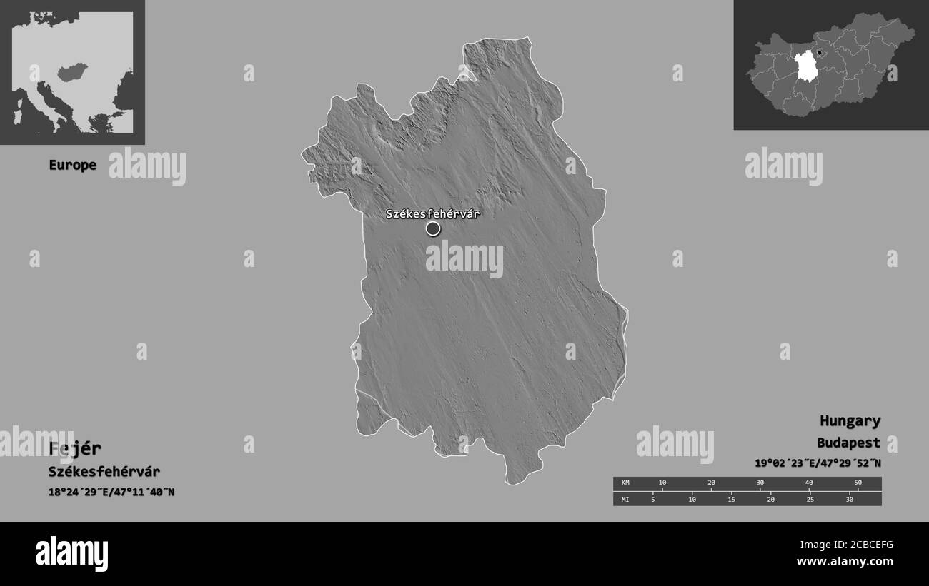 Shape of Fejér, county of Hungary, and its capital. Distance scale ...