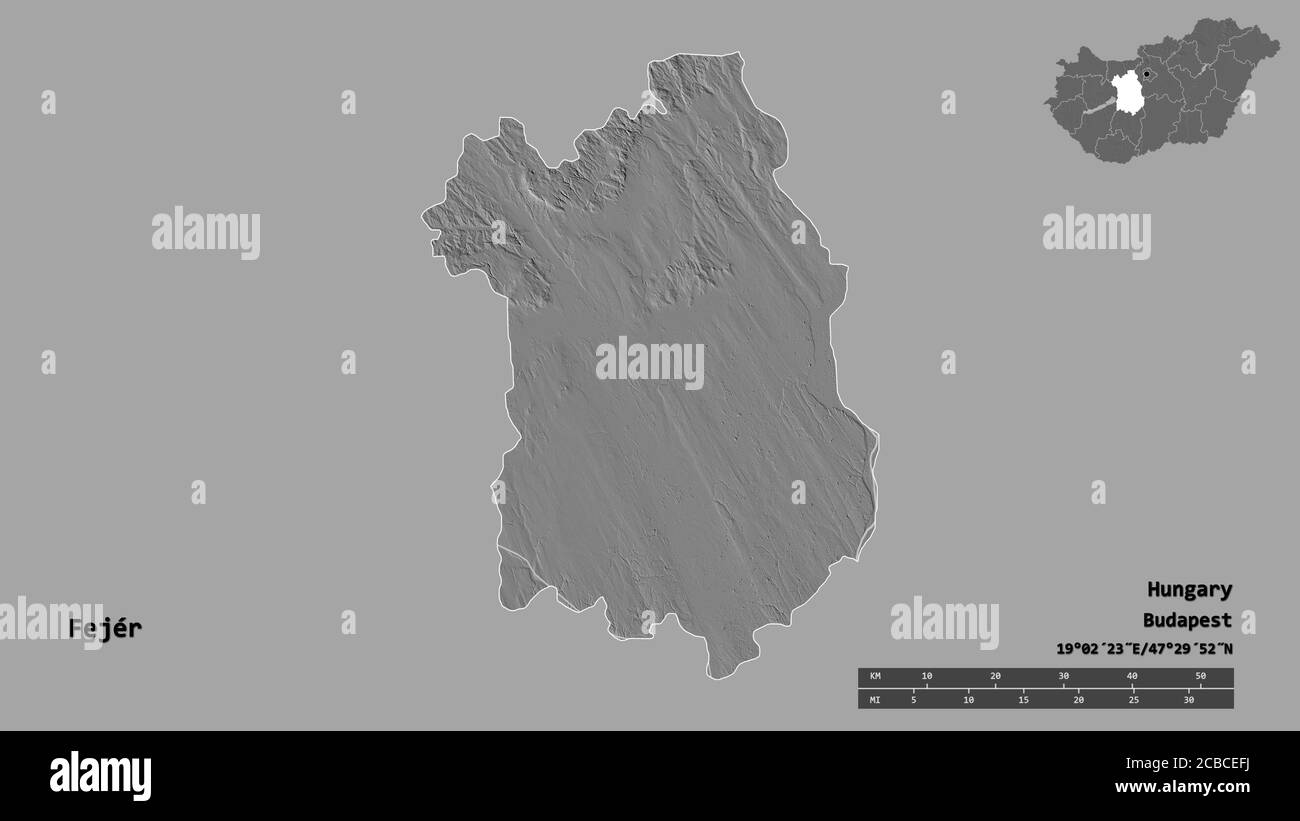 Shape of Fejér, county of Hungary, with its capital isolated on solid ...