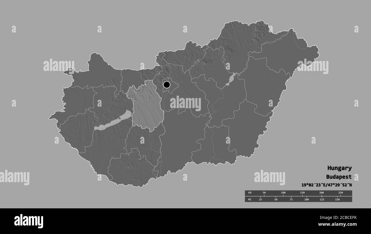 Desaturated shape of Hungary with its capital, main regional division ...