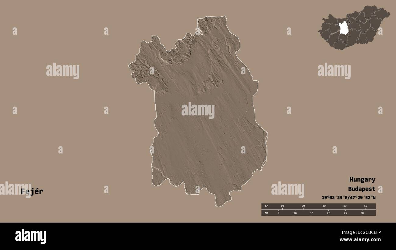 Shape of Fejér, county of Hungary, with its capital isolated on solid ...