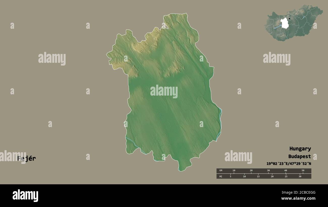 Shape of Fejér, county of Hungary, with its capital isolated on solid ...