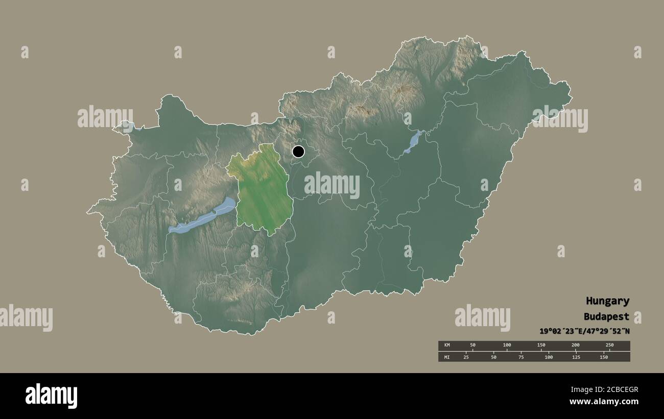 Desaturated shape of Hungary with its capital, main regional division ...