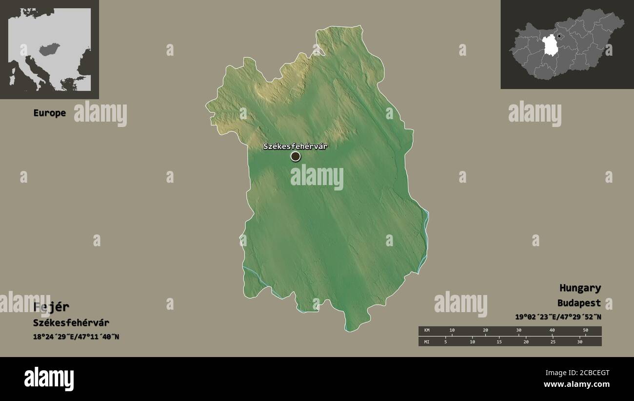 Shape of Fejér, county of Hungary, and its capital. Distance scale ...
