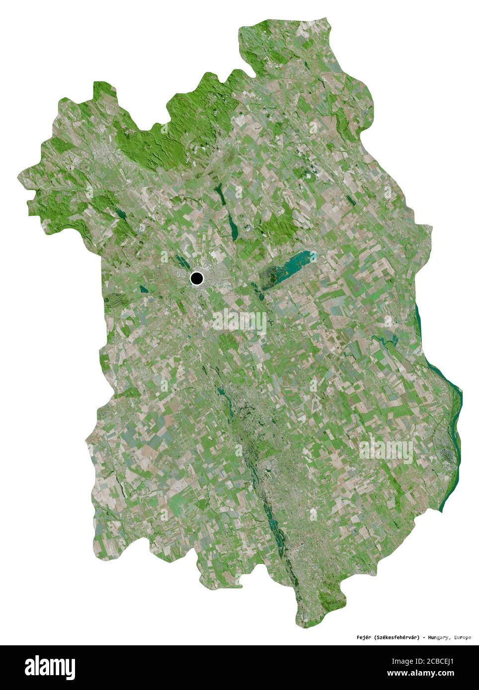 Shape of Fejér, county of Hungary, with its capital isolated on white ...