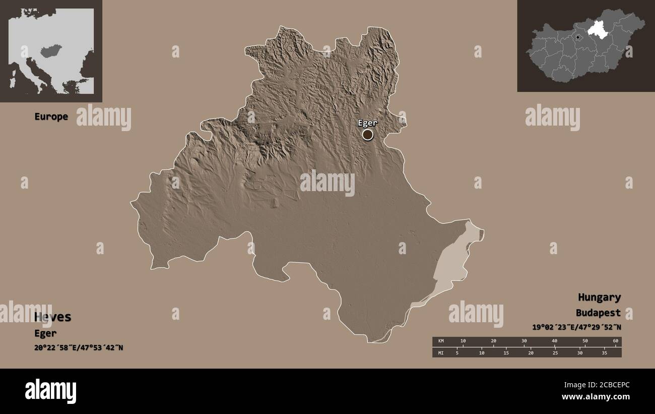 Shape of Heves, county of Hungary, and its capital. Distance scale ...