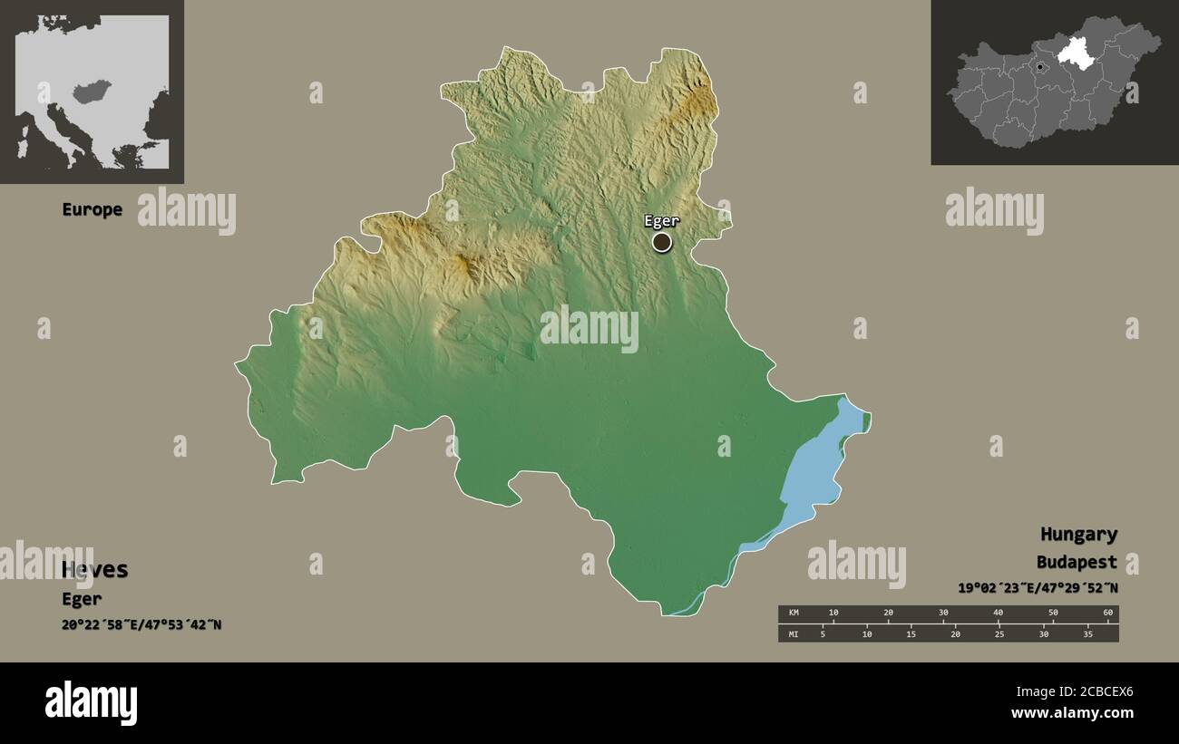 Shape of Heves, county of Hungary, and its capital. Distance scale ...