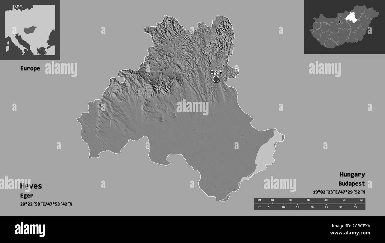 Shape of Heves, county of Hungary, and its capital. Distance scale ...