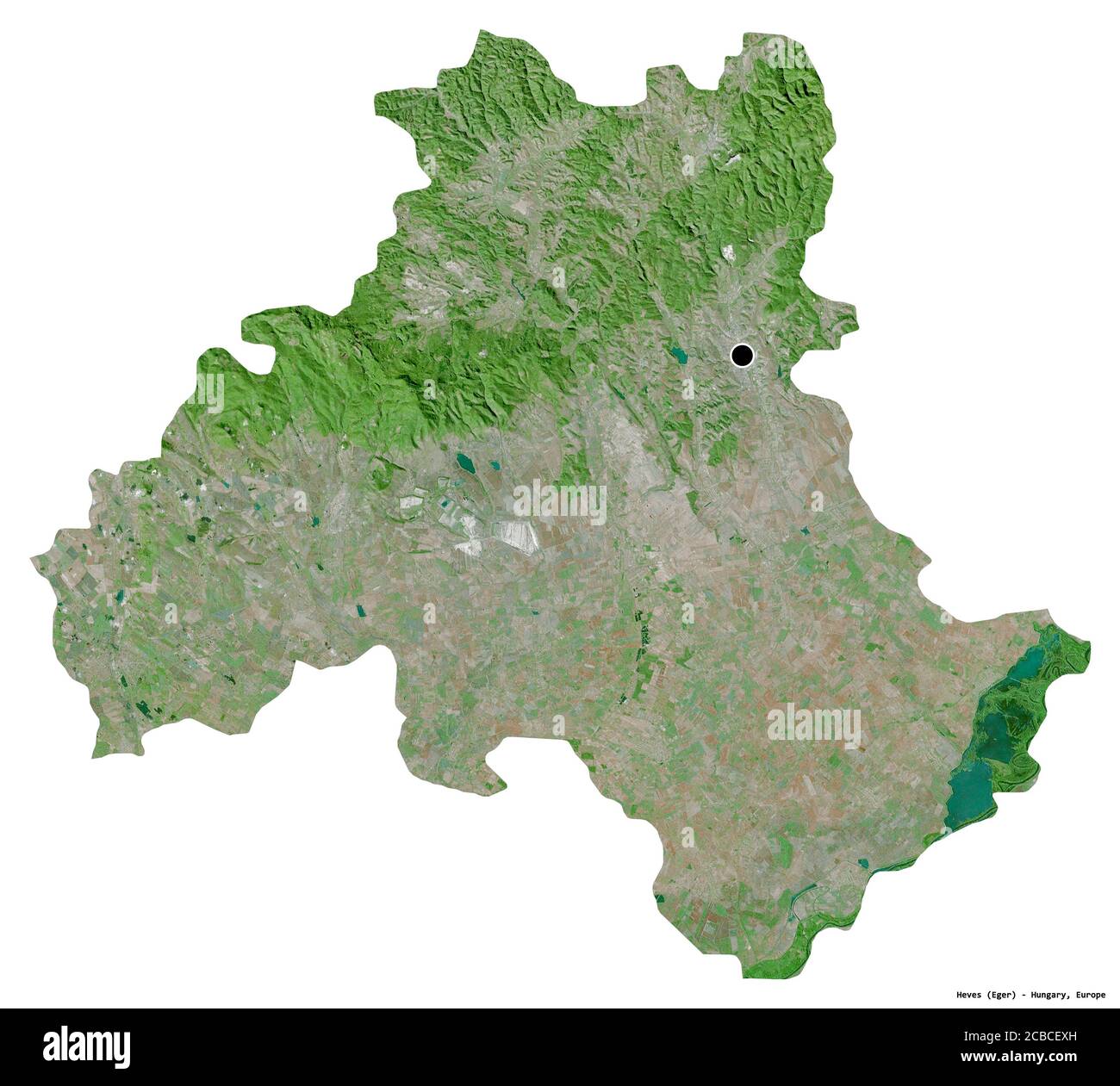 Shape of Heves, county of Hungary, with its capital isolated on white ...