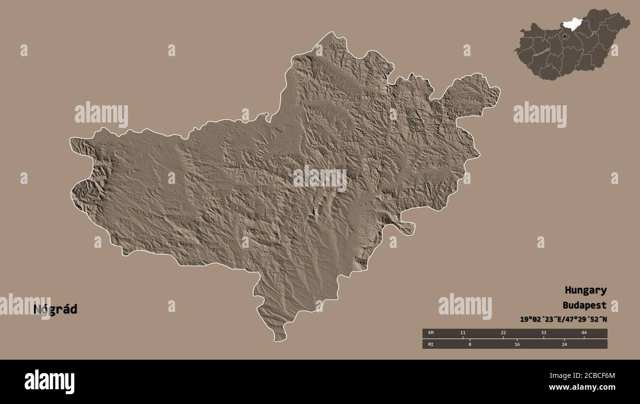 Shape of Nógrád, county of Hungary, with its capital isolated on solid ...