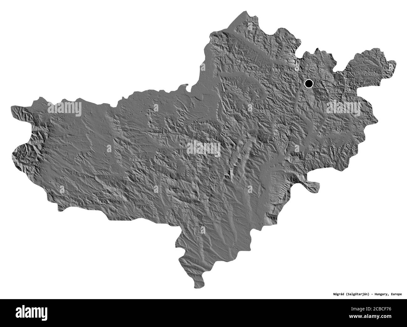 Shape of Nógrád, county of Hungary, with its capital isolated on white ...