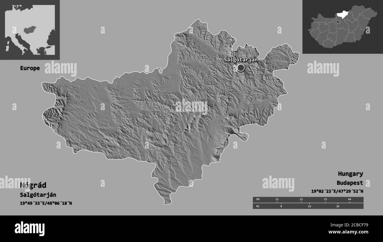 Shape of Nógrád, county of Hungary, and its capital. Distance scale ...