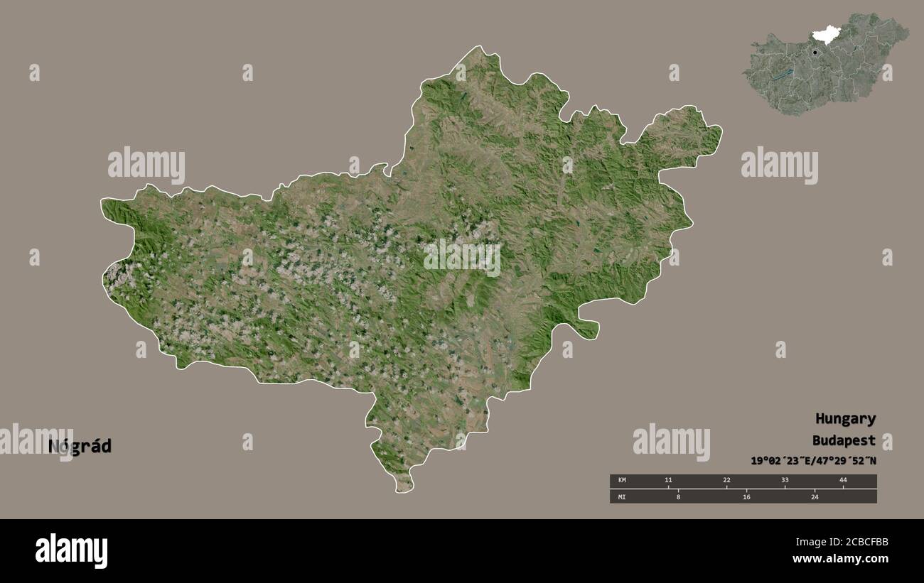 Shape of Nógrád, county of Hungary, with its capital isolated on solid ...