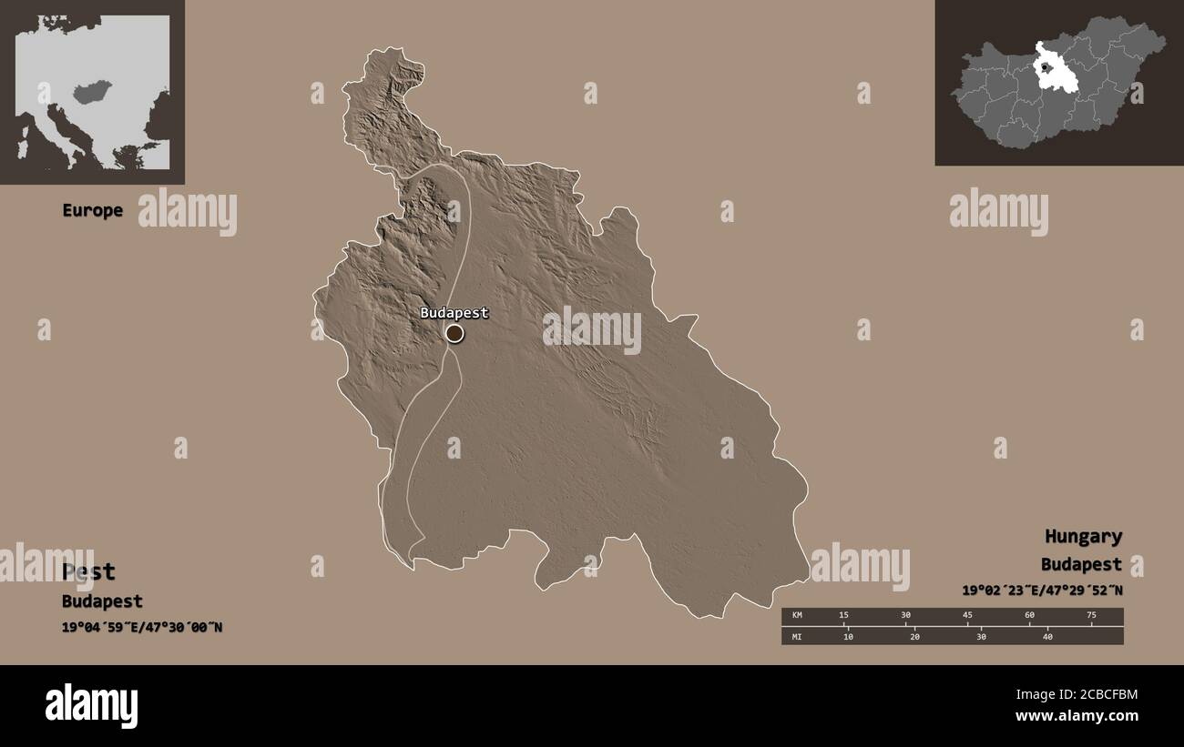 Shape of Pest, county of Hungary, and its capital. Distance scale ...