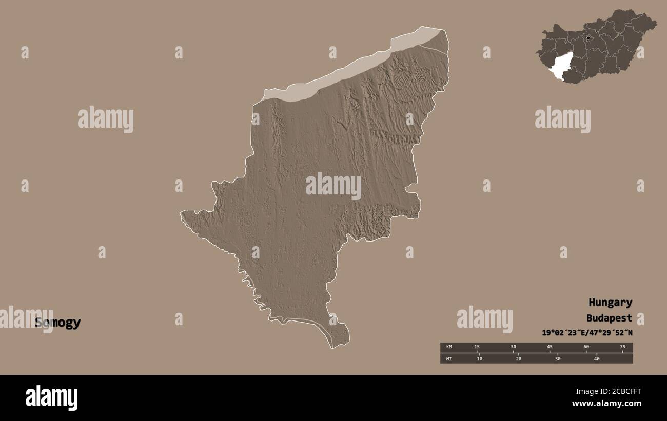 Shape of Somogy, county of Hungary, with its capital isolated on solid ...