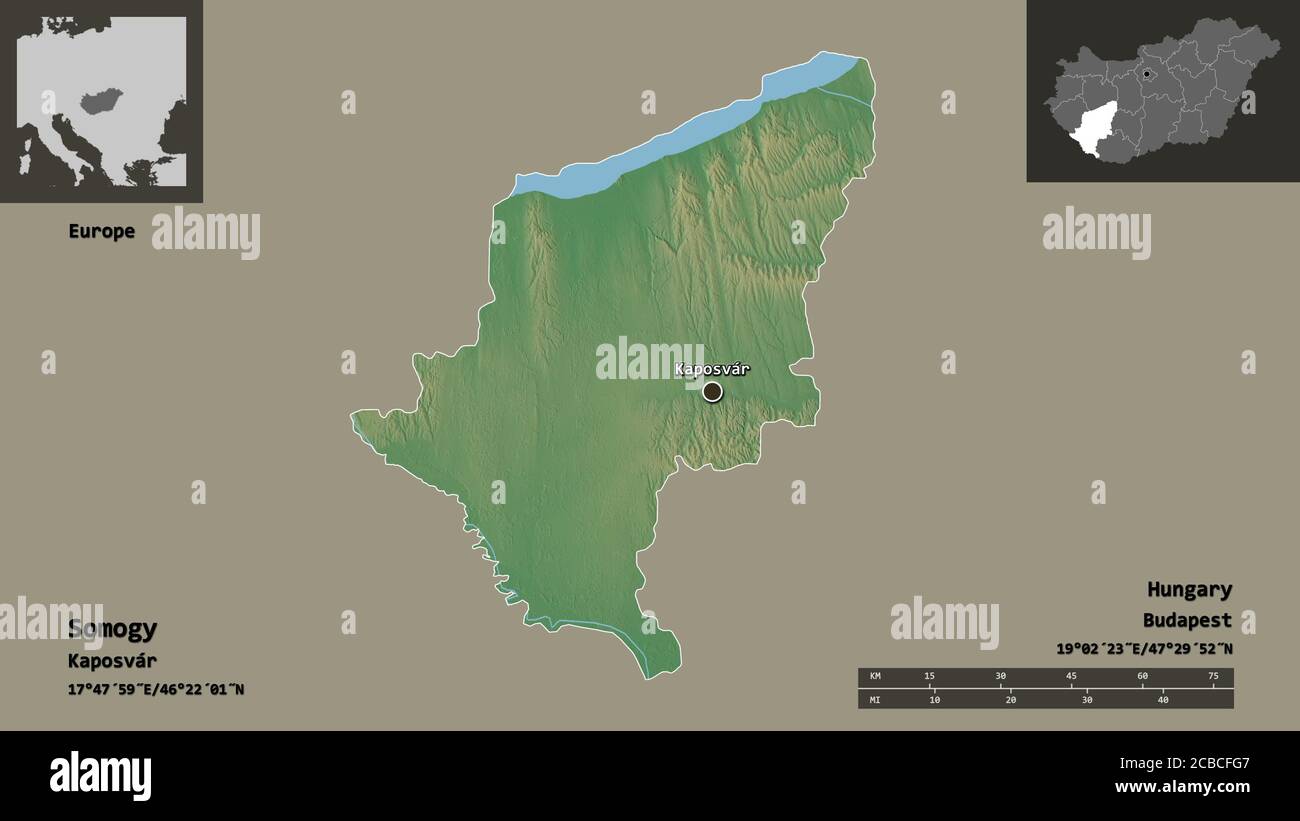 Shape of Somogy, county of Hungary, and its capital. Distance scale ...