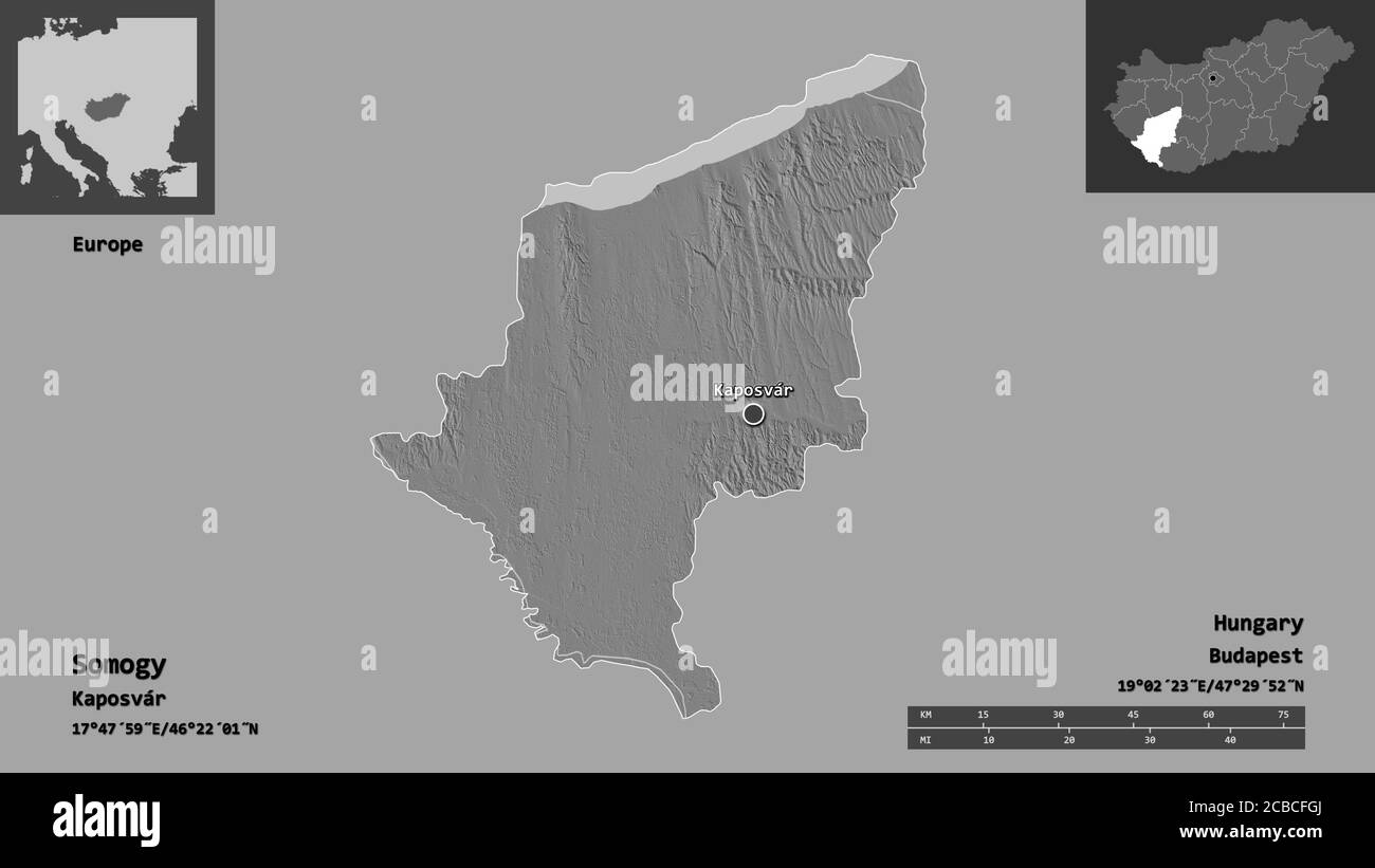 Shape of Somogy, county of Hungary, and its capital. Distance scale ...