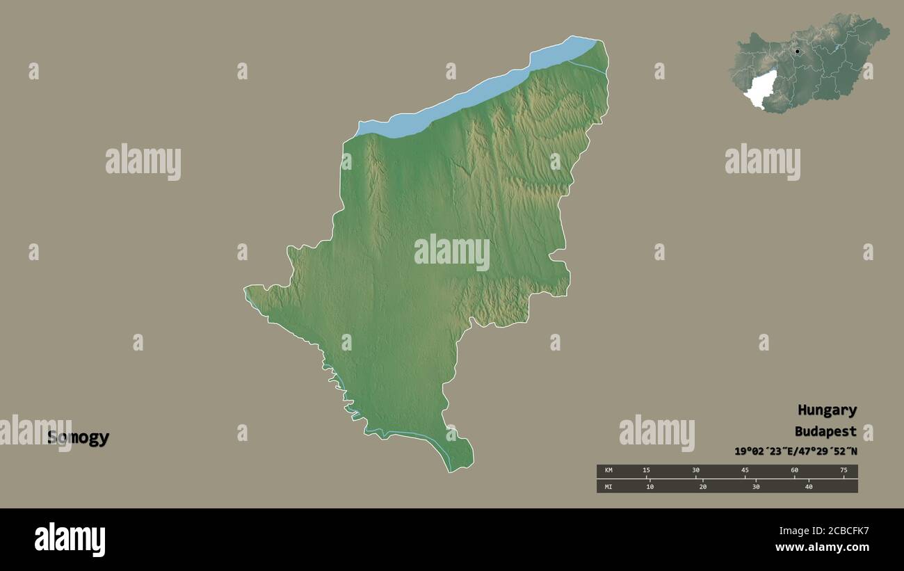 Shape of Somogy, county of Hungary, with its capital isolated on solid ...
