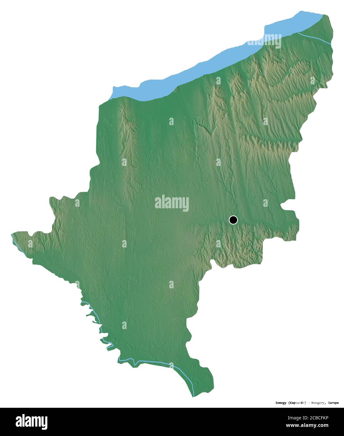 Shape of Somogy, county of Hungary, with its capital isolated on white ...