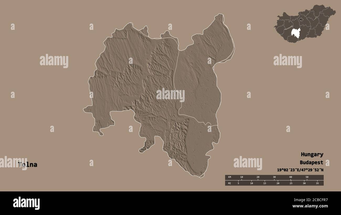 Shape of Tolna, county of Hungary, with its capital isolated on solid ...