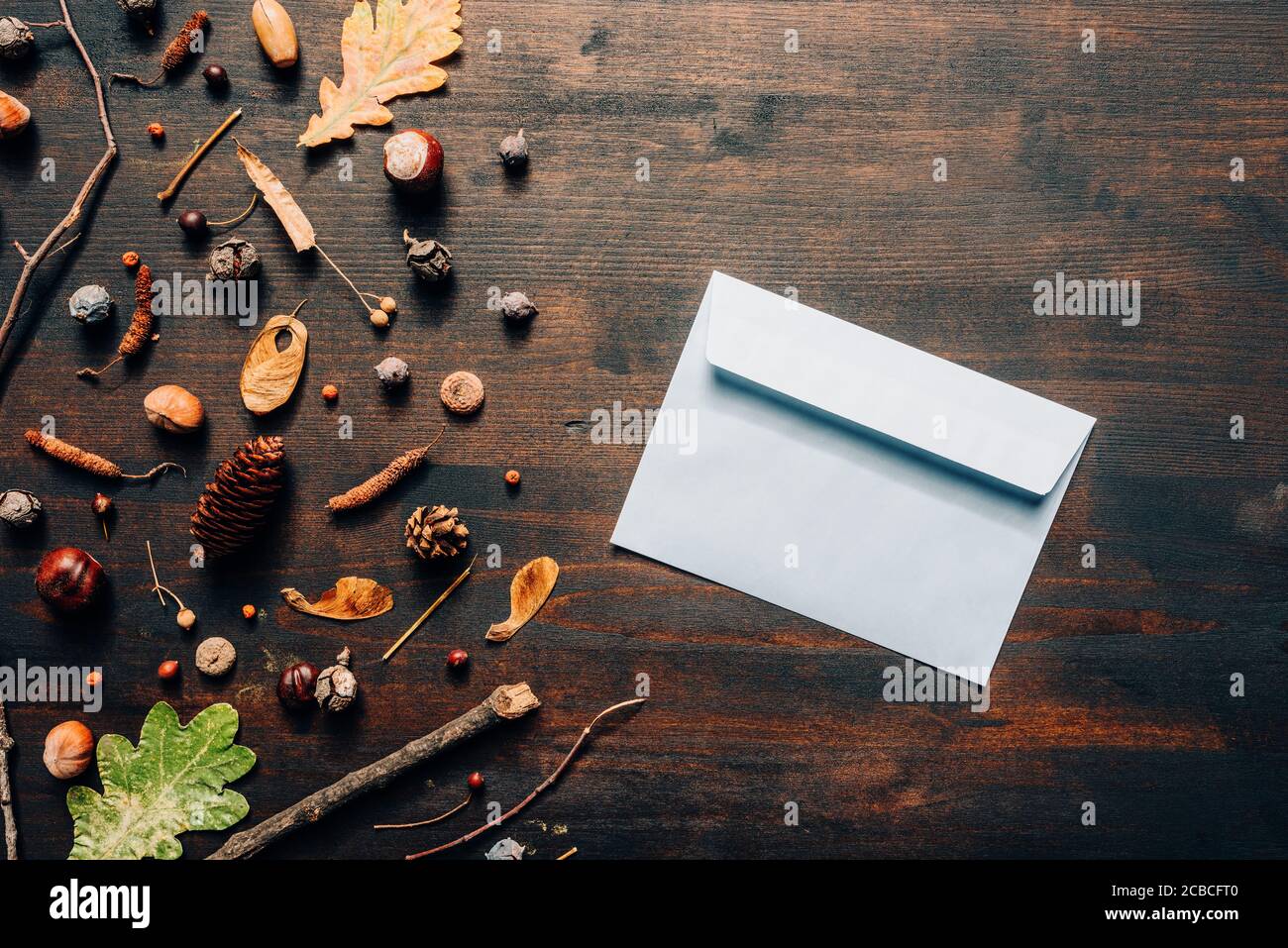 Blank mail envelope mock up top view flat lay with autumn season ...
