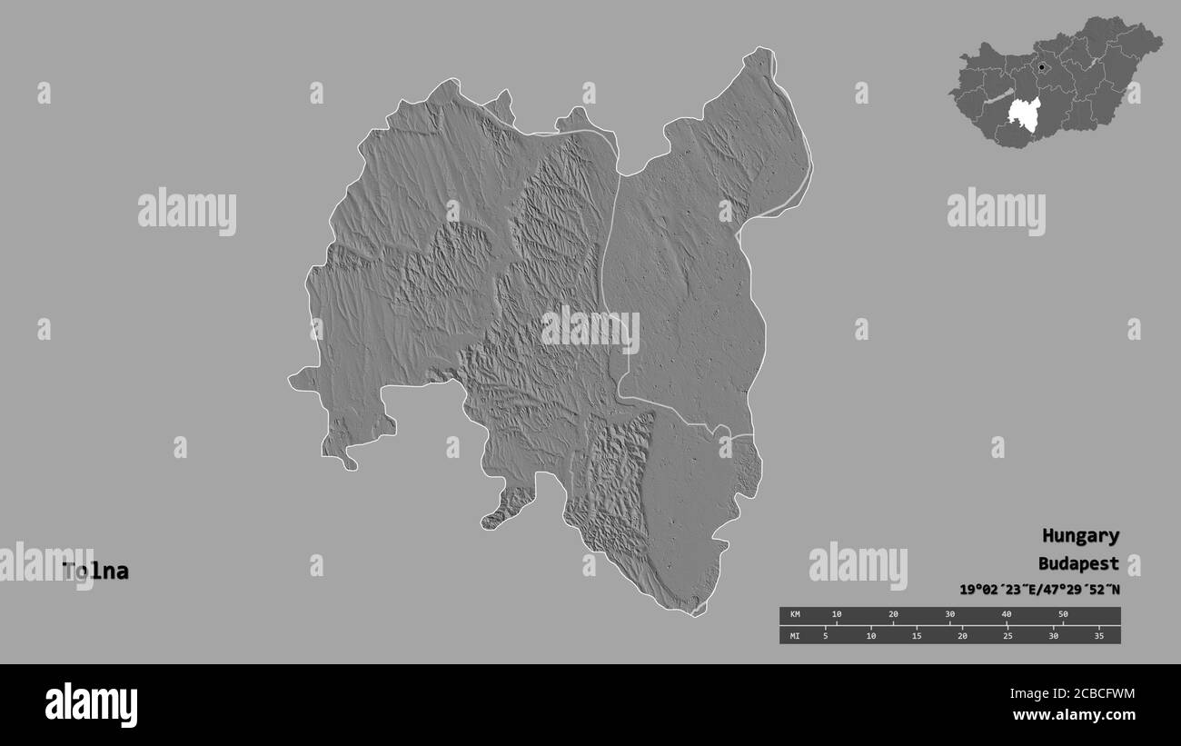 Shape of Tolna, county of Hungary, with its capital isolated on solid ...