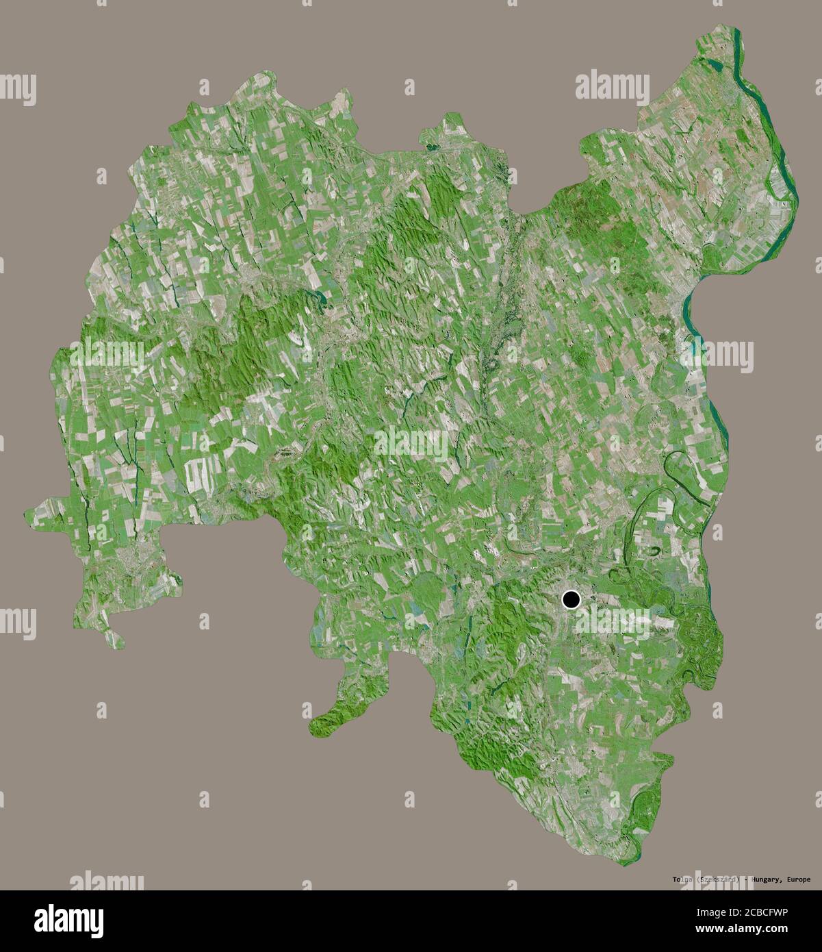 Shape of Tolna, county of Hungary, with its capital isolated on a solid ...