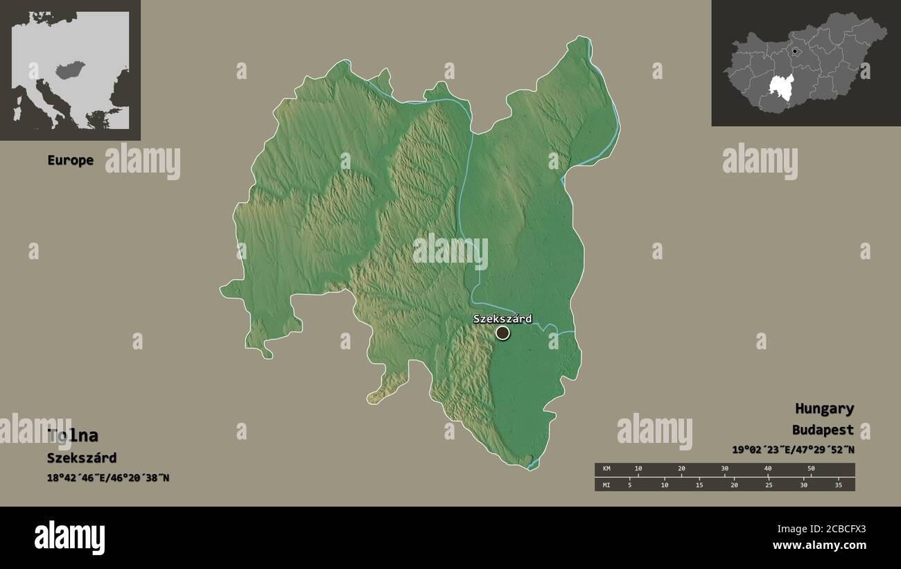 Shape of Tolna, county of Hungary, and its capital. Distance scale ...