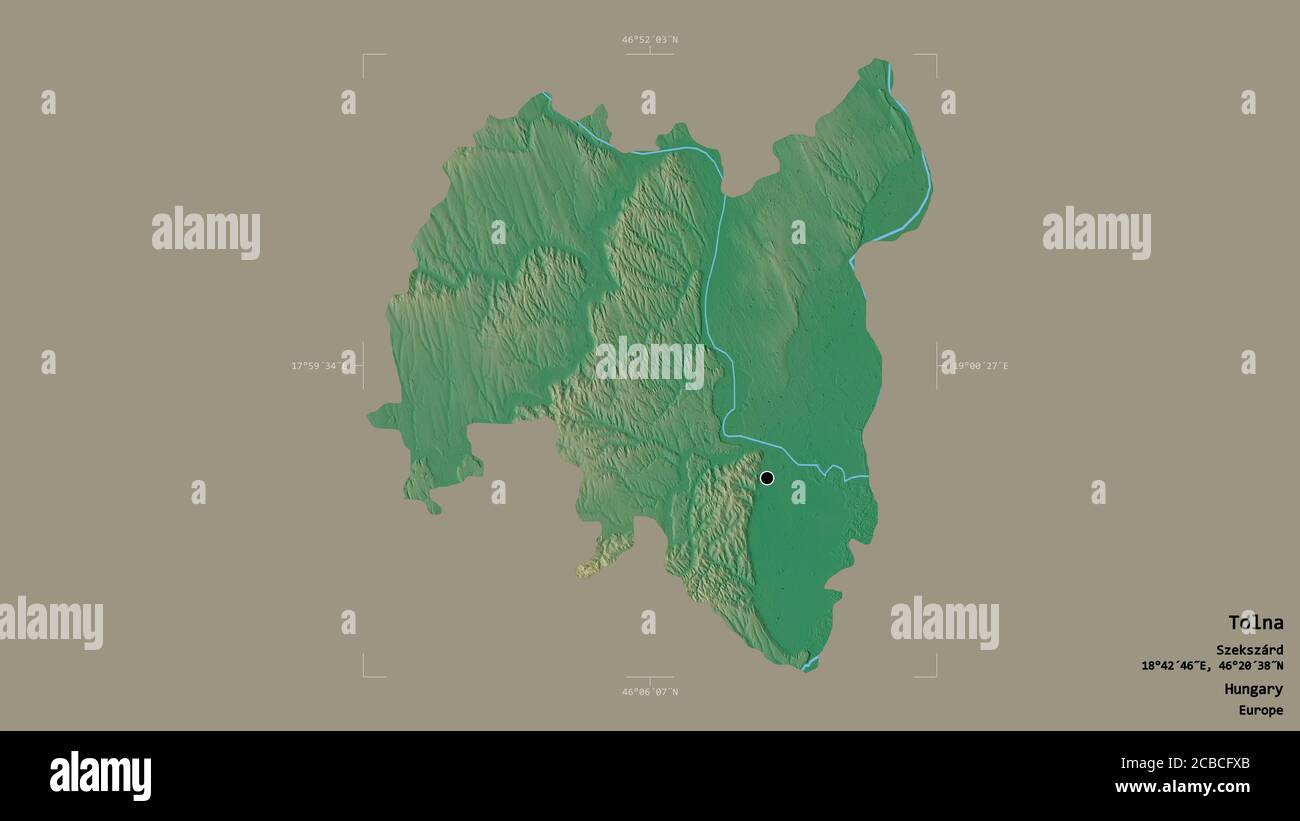 Area of Tolna, county of Hungary, isolated on a solid background in a ...