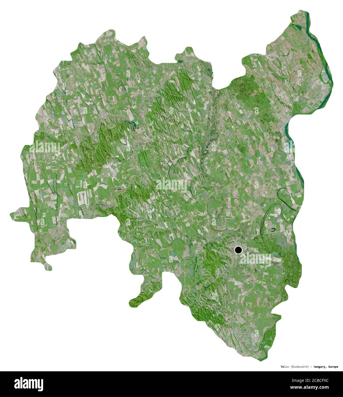 Shape of Tolna, county of Hungary, with its capital isolated on white ...