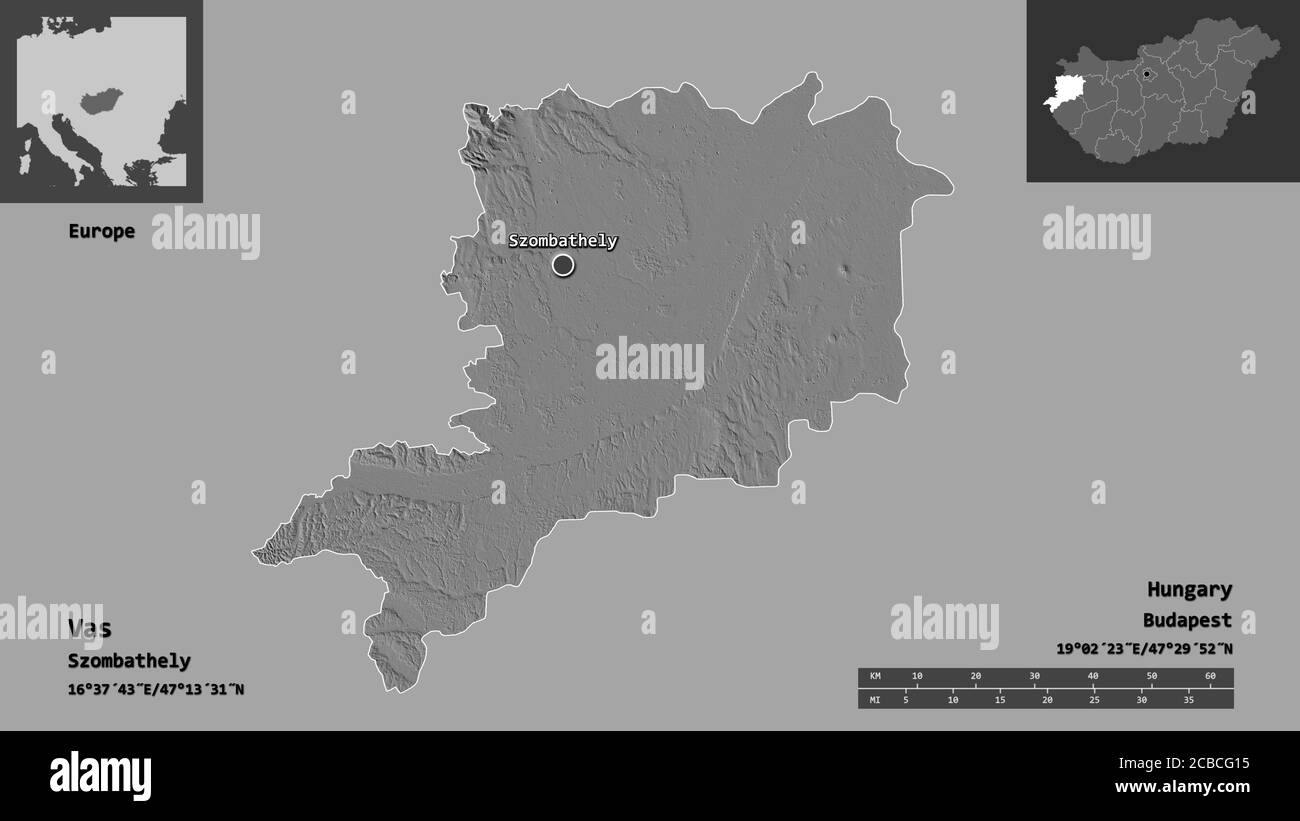 Shape of Vas, county of Hungary, and its capital. Distance scale ...