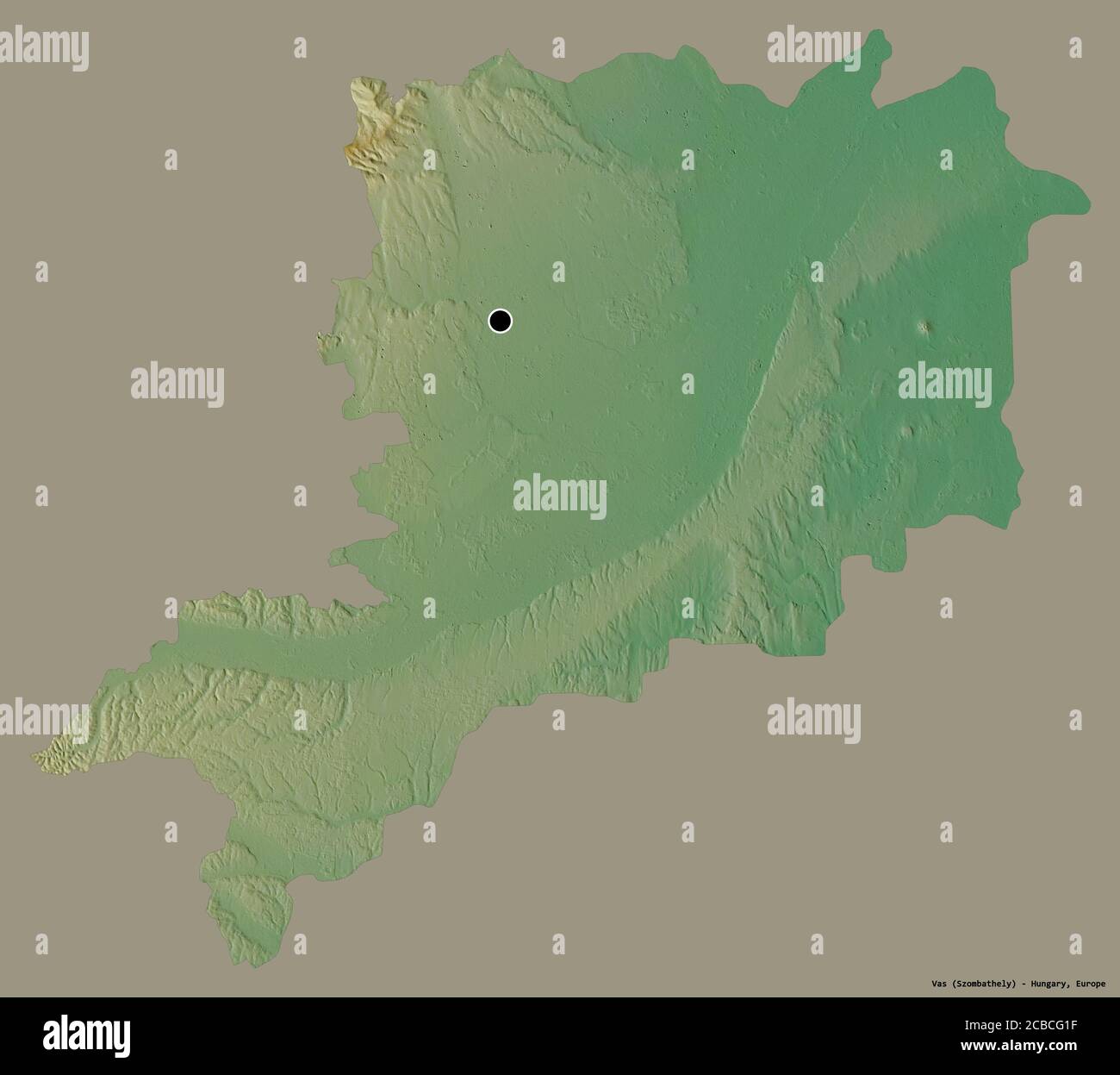 Shape of Vas, county of Hungary, with its capital isolated on a solid ...