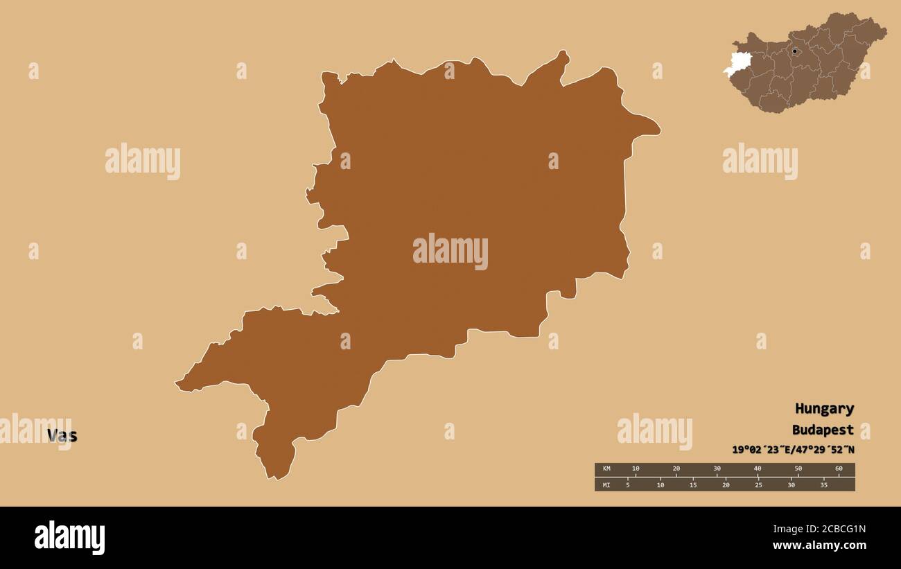 Shape of Vas, county of Hungary, with its capital isolated on solid ...