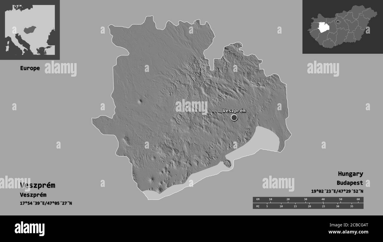 Shape of Veszprém, county of Hungary, and its capital. Distance scale ...