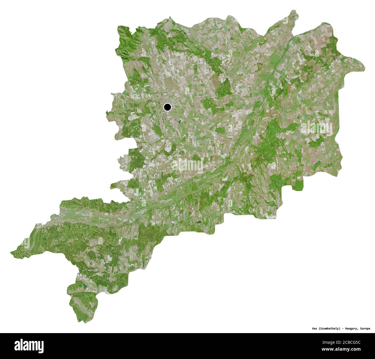 Shape of Vas, county of Hungary, with its capital isolated on white ...