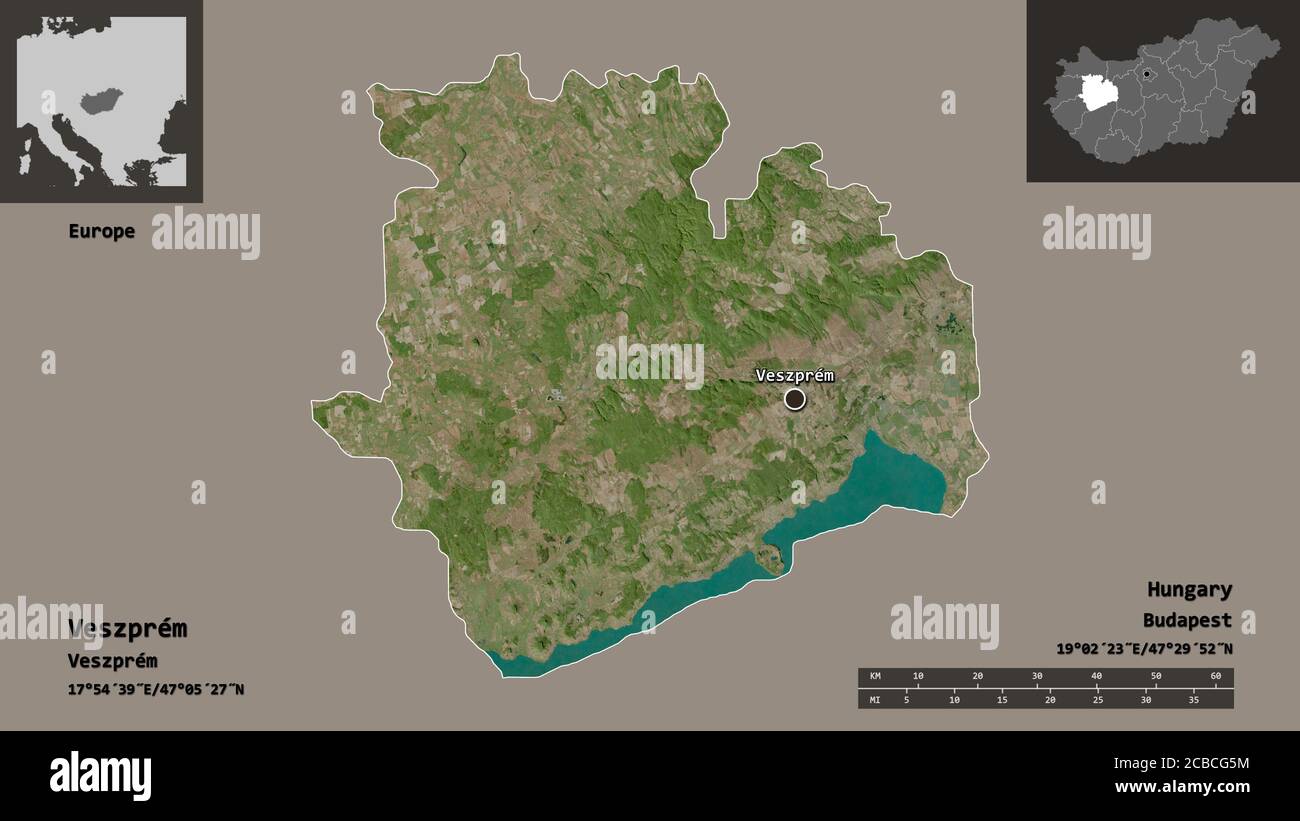 Shape of Veszprém, county of Hungary, and its capital. Distance scale ...