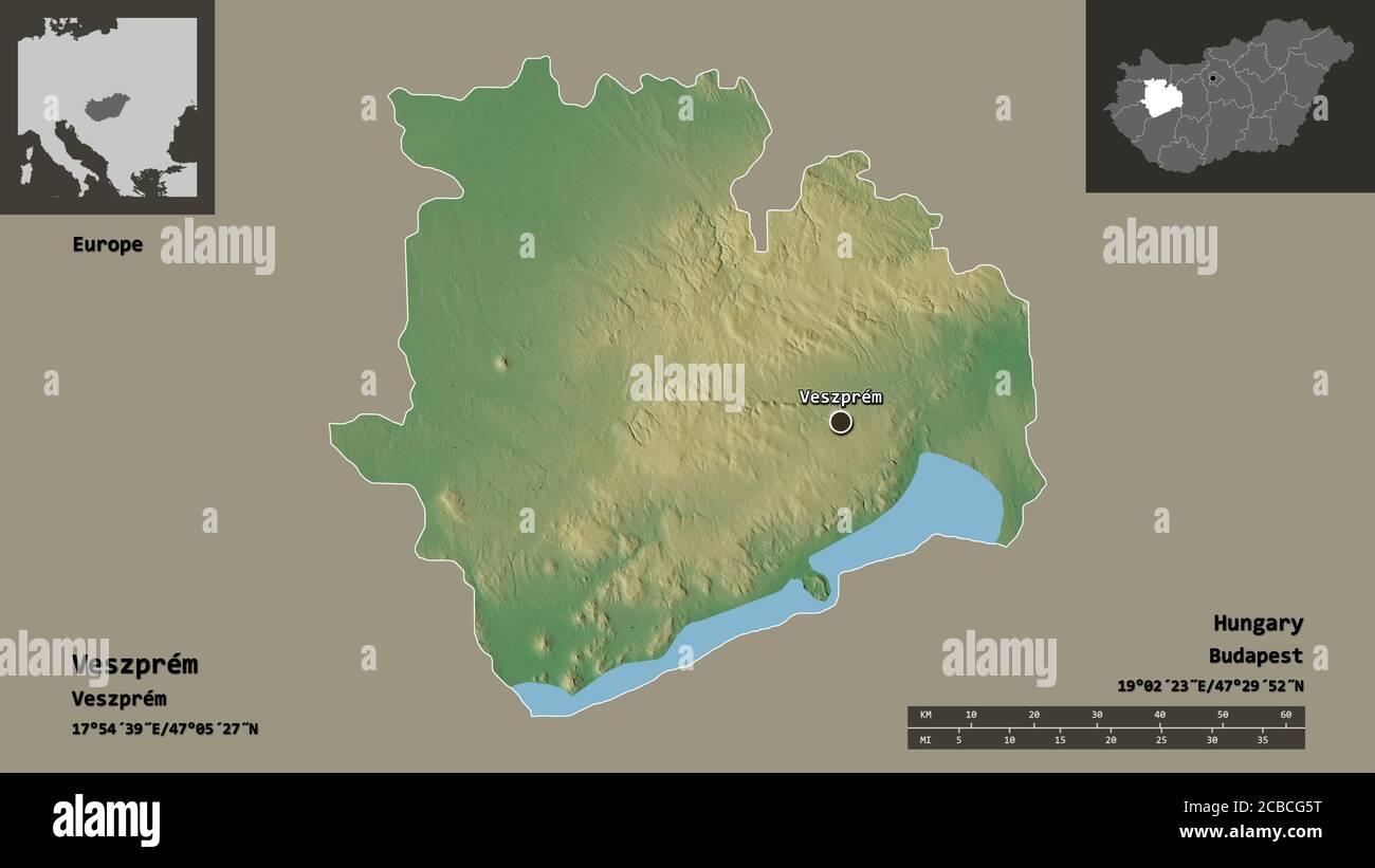 Shape of Veszprém, county of Hungary, and its capital. Distance scale ...