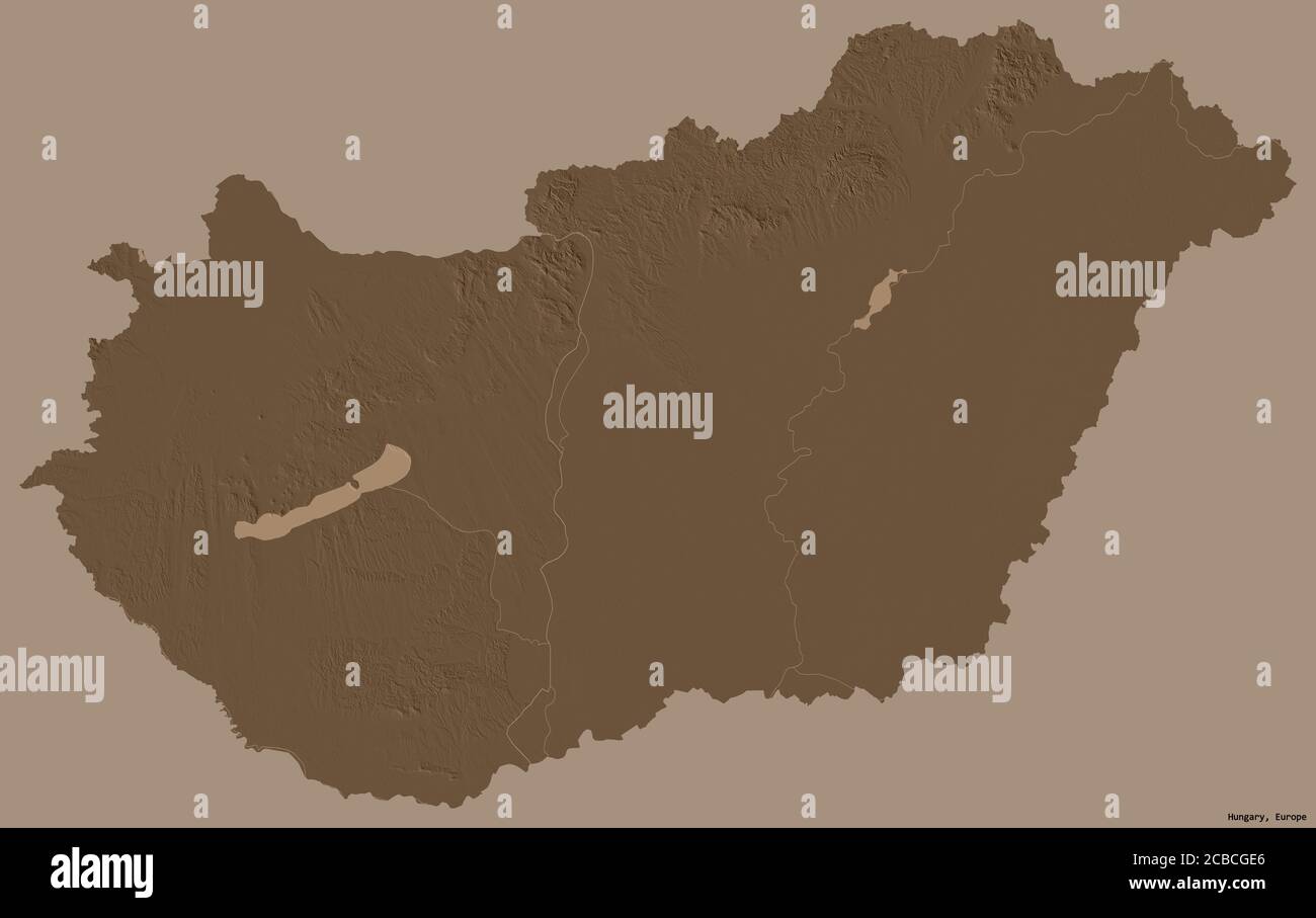 Shape of Hungary with its capital isolated on a solid color background ...