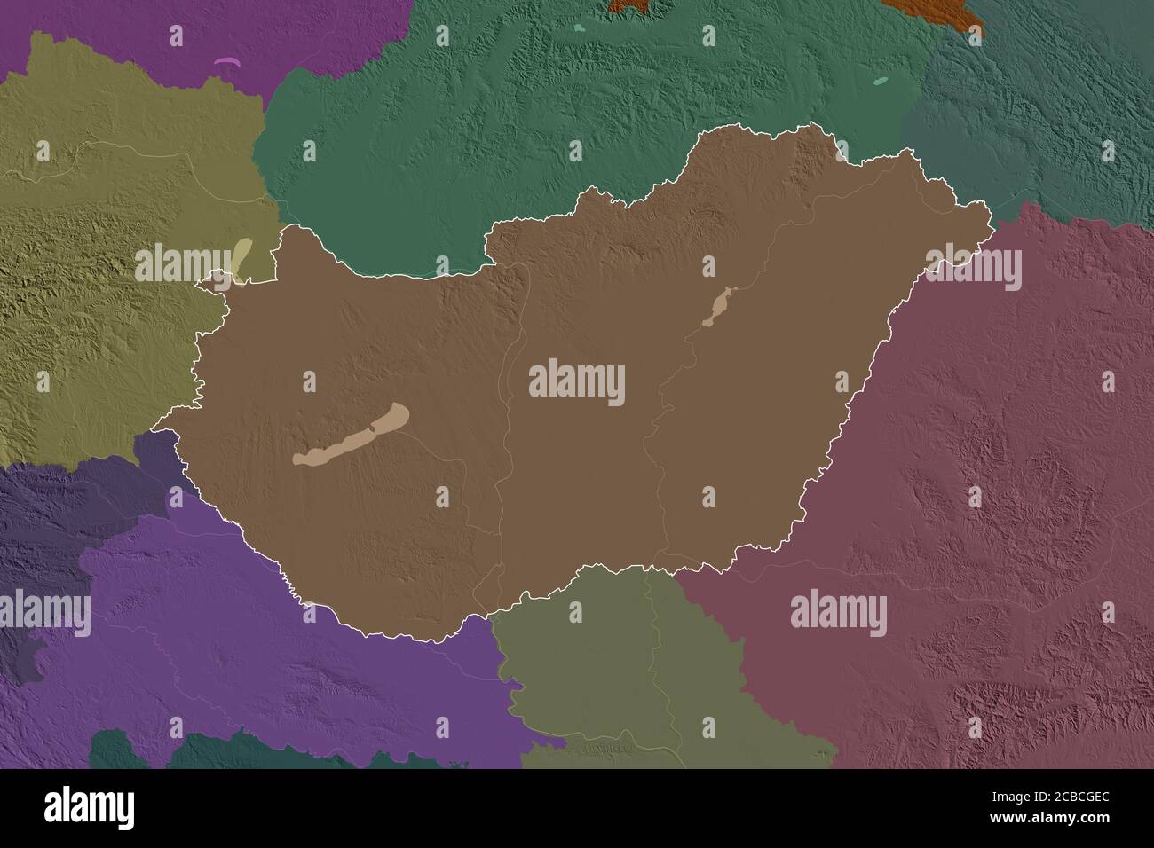 Extended area of outlined Hungary. Colored elevation map. 3D rendering ...