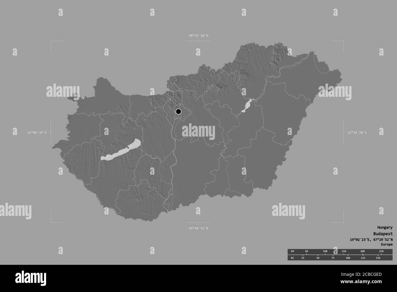 Area of Hungary isolated on a solid background in a georeferenced ...