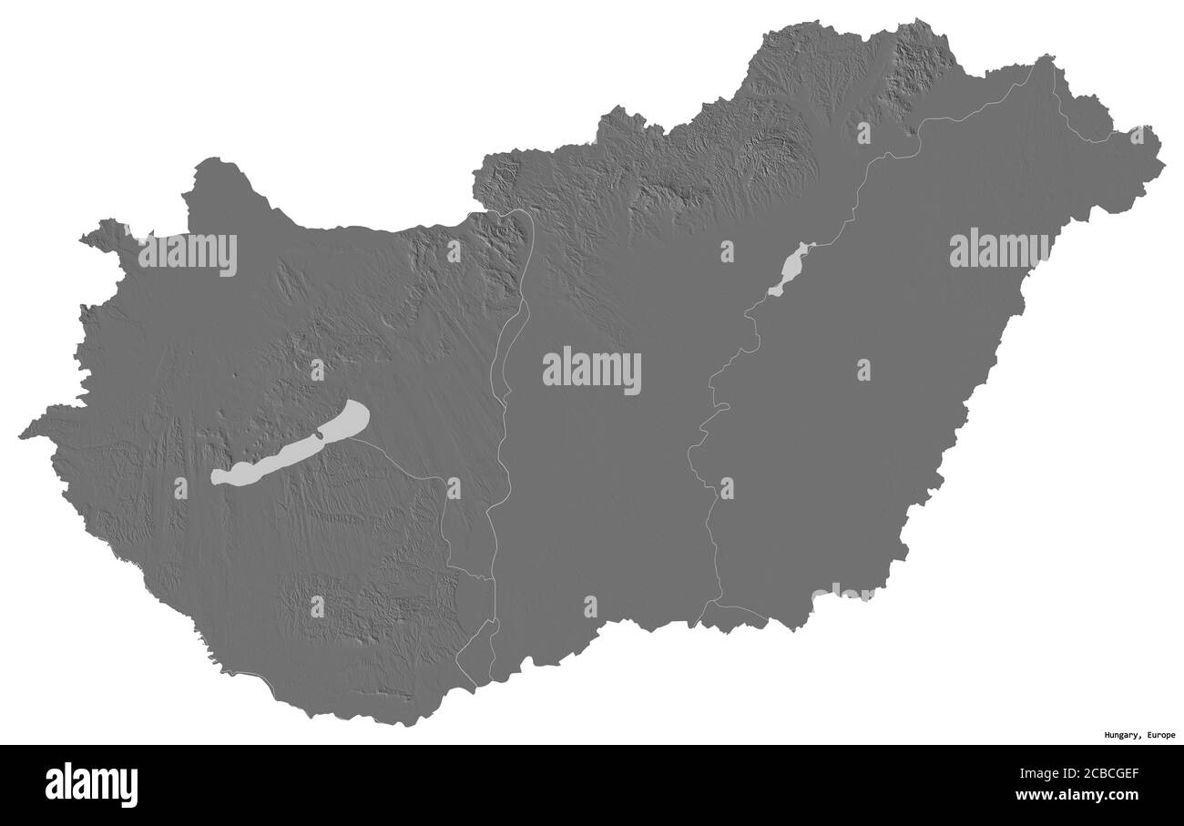 Shape of Hungary with its capital isolated on white background. Bilevel ...