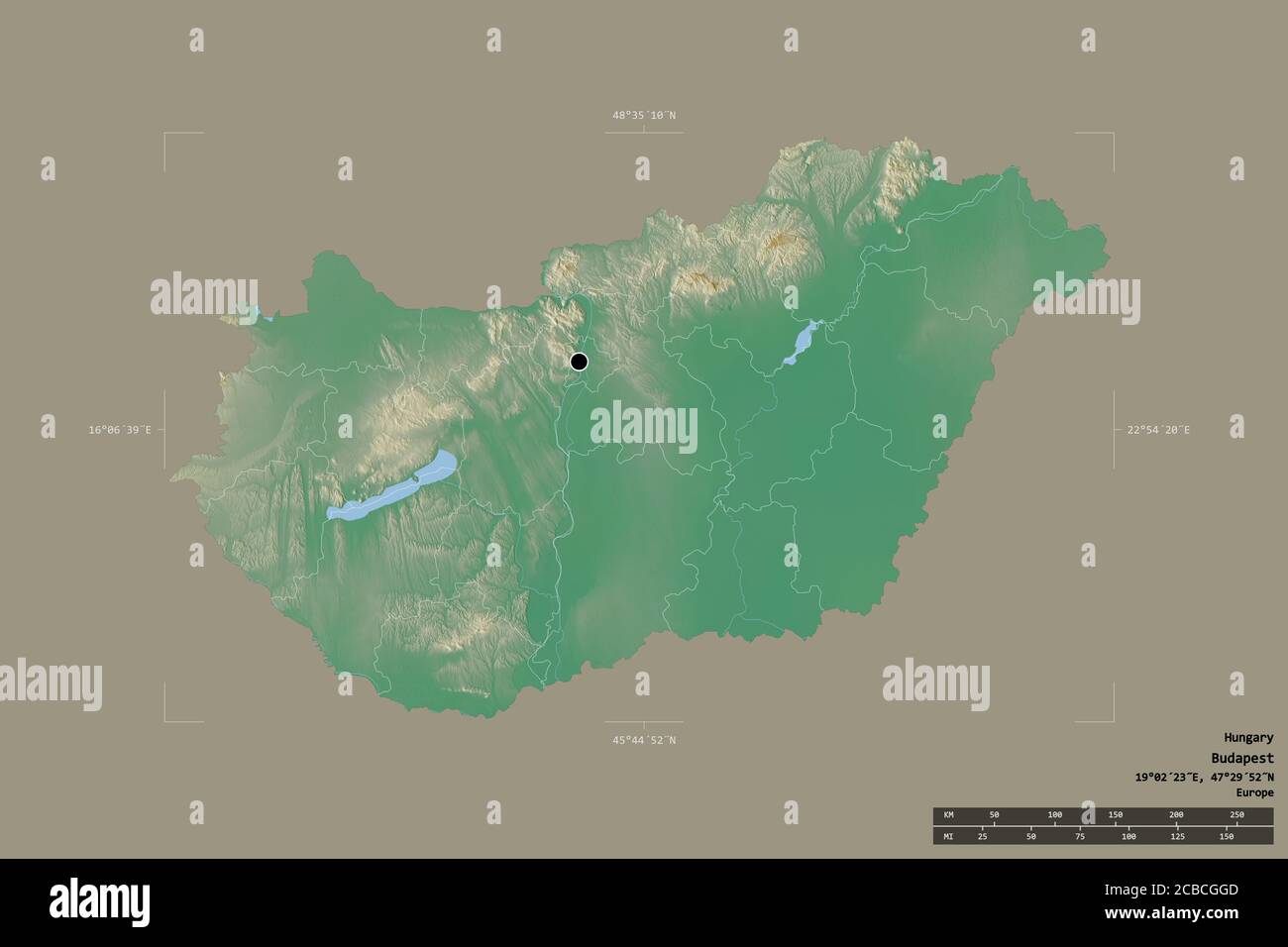 Area of Hungary isolated on a solid background in a georeferenced ...