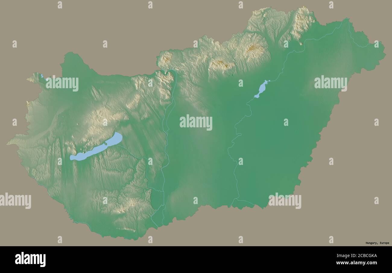 Shape of Hungary with its capital isolated on a solid color background ...
