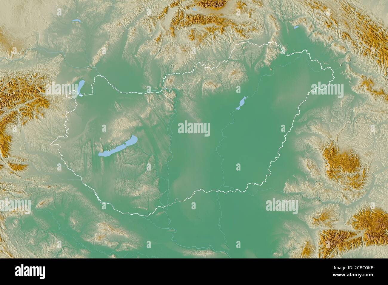 Extended area of outlined Hungary. Topographic relief map. 3D rendering ...