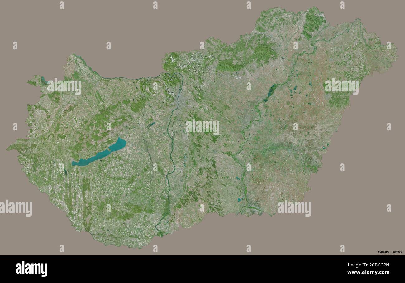 Shape of Hungary with its capital isolated on a solid color background ...