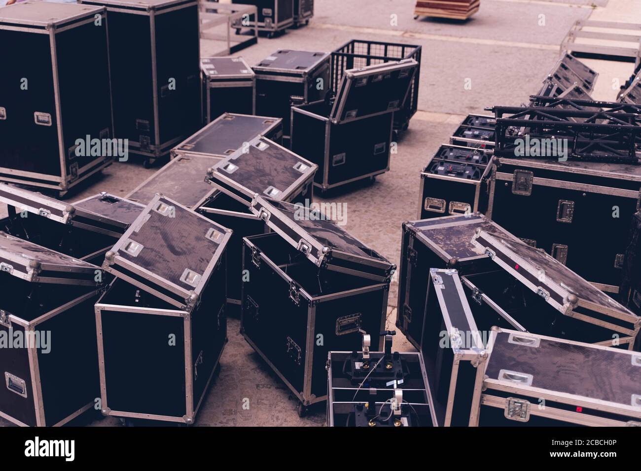 Boxes stage equipment for a concert on wood and old brick Stock Photo ...